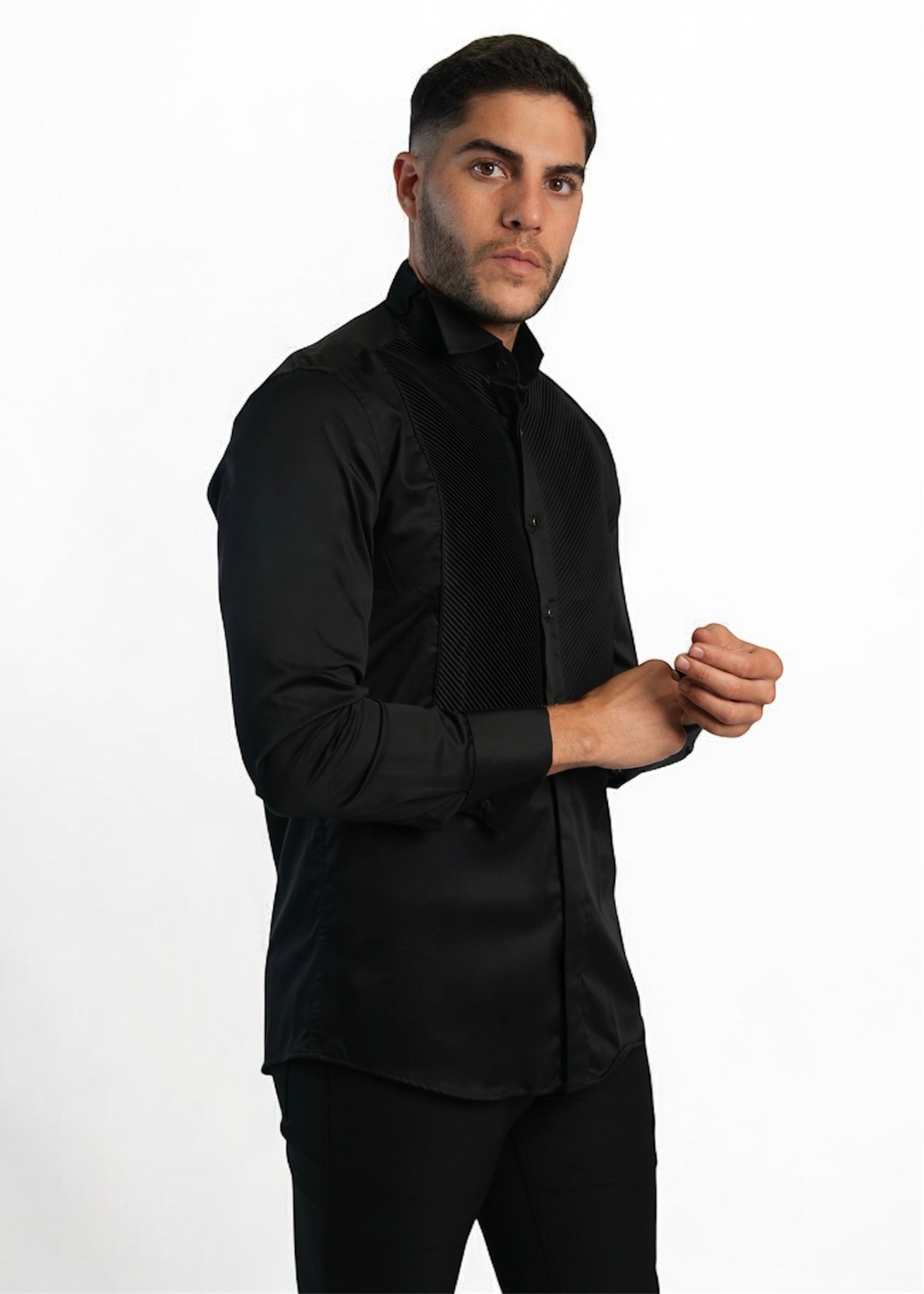 Men’s Woven Plastron Tuxedo Button-Down Shirt - BLACK